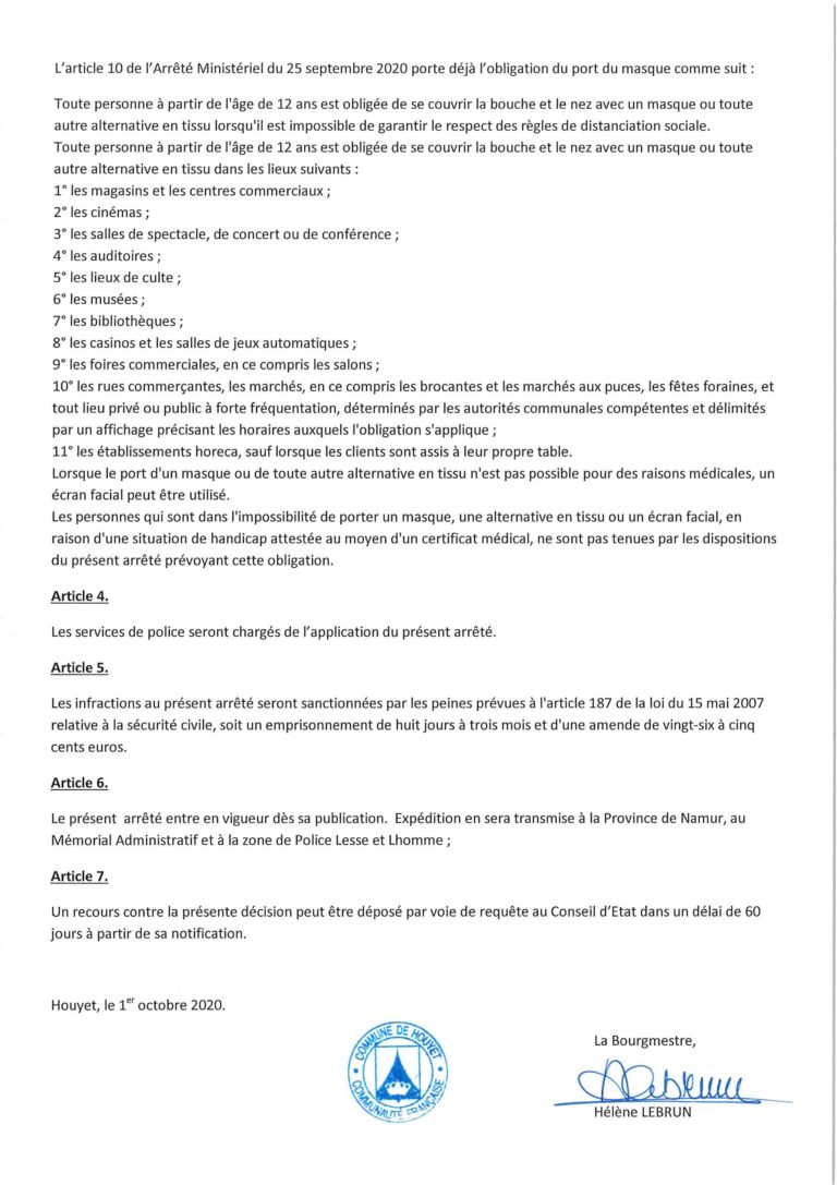 Arrêté de la bourgmestre abrogeant l’arrête du 28 juillet 2020 portant ... Arrêté de la bourgmestre abrogeant l’arrête du 28 juillet 2020 portant ...